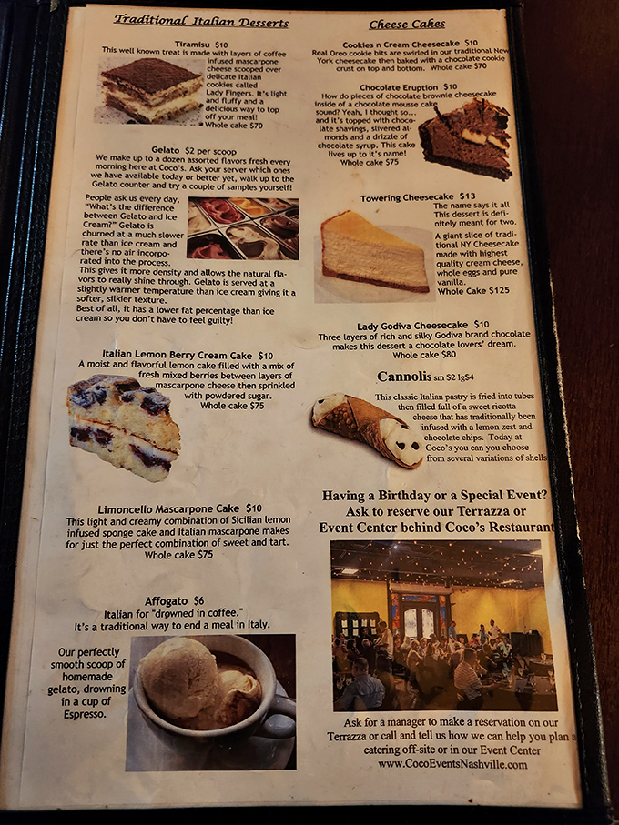 The dessert menu reads like a love letter to sweet tooths everywhere, with options from towering cheesecake to affogato that'll make you forget your diet resolutions.