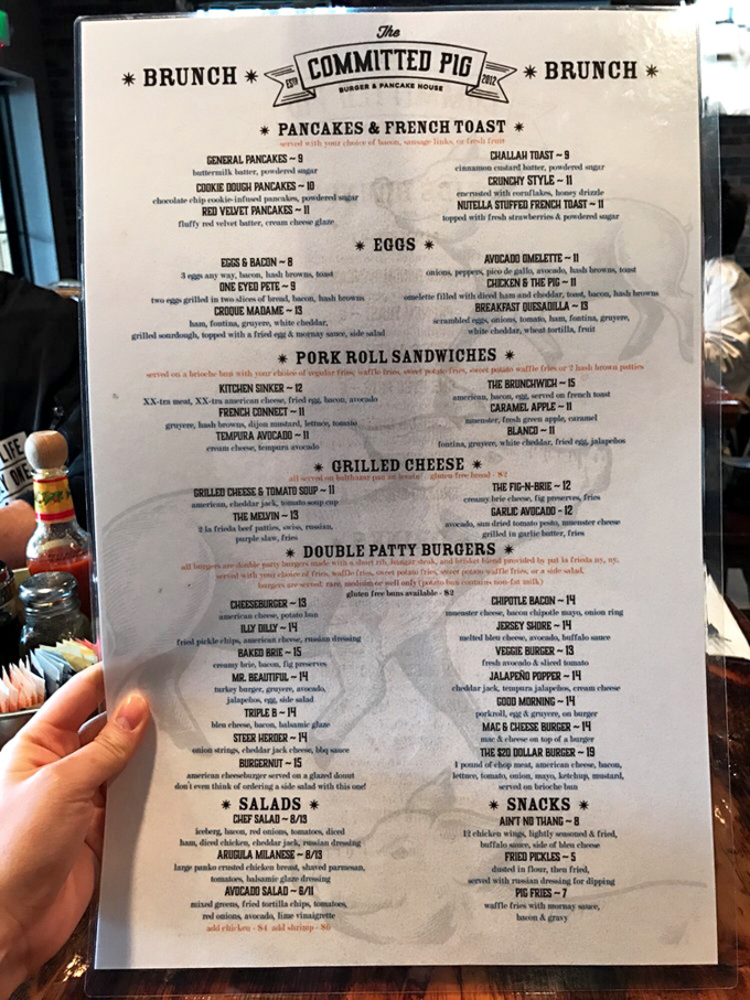 This menu isn't just a list—it's a roadmap to happiness. Each section promises a different kind of culinary joy, from pancake paradise to burger bliss.