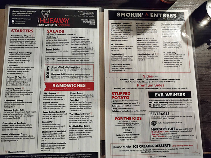 A menu that reads like a love letter to comfort food. The "Evil Weiners" section alone deserves its own fan club.
