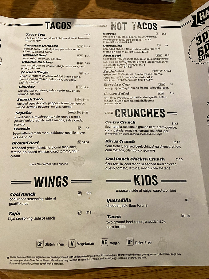The menu reads like a love letter to Mexican street food, with tacos and "not tacos" offering something for every craving.