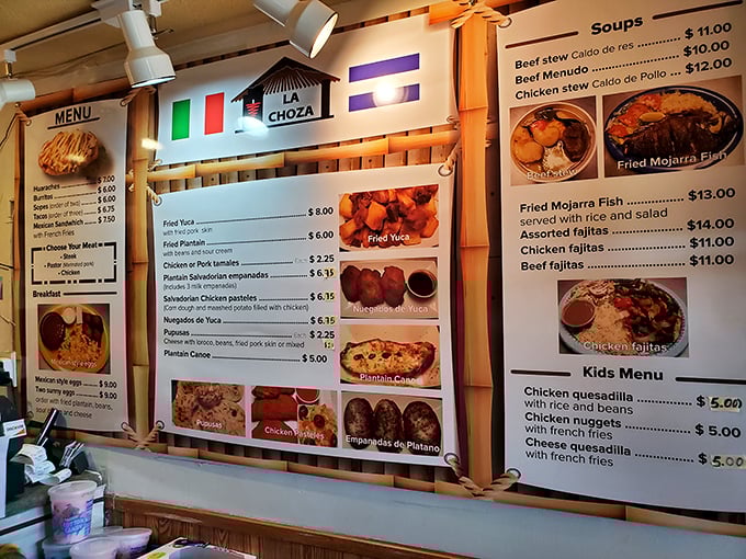 The menu board at La Choza is like a treasure map where X marks every spot. Salvadoran and Mexican classics compete for your attention and stomach real estate.
