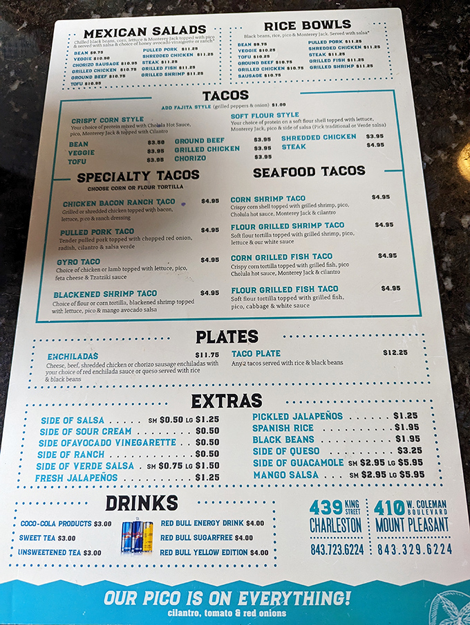 This menu isn't just a list&mdash;it's a roadmap to flavor town with detours through taco territory and quesadilla country.