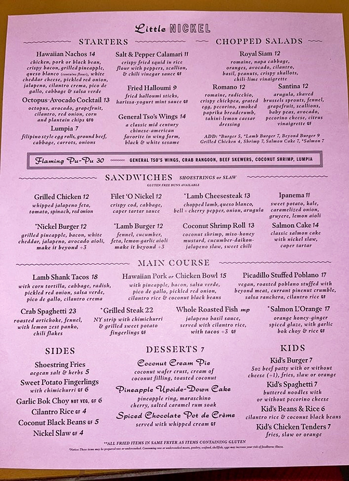 This menu isn't just food&mdash;it's a passport to flavor paradise. Hawaiian nachos, lumpia, and coconut cream pie? Yes, please!