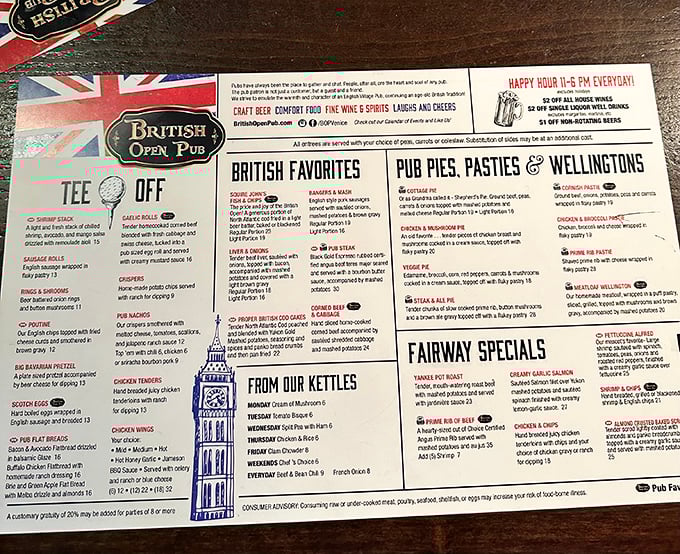 A menu that reads like a British greatest hits album. From fish and chips to bangers and mash, this culinary roadmap promises authentic flavors from across the pond.