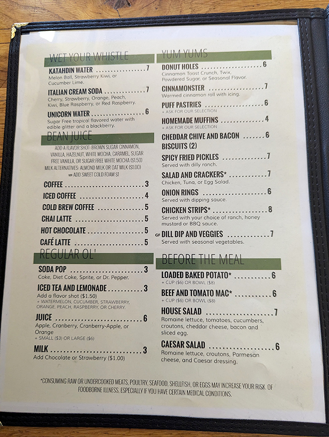 A menu that reads like a love letter to breakfast enthusiasts. The "Unicorn Water" alone tells you this place has personality.