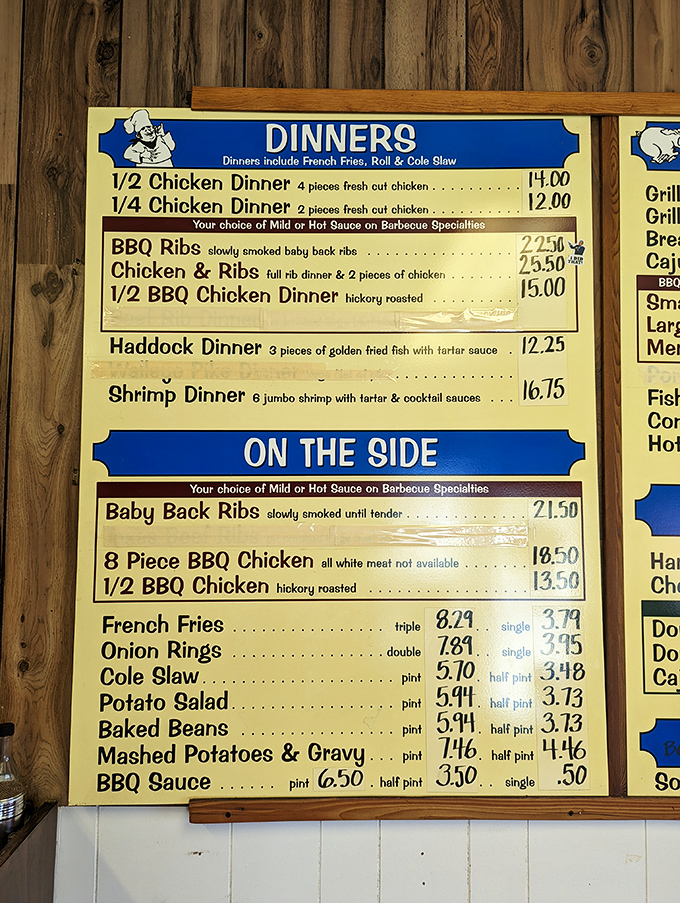 The menu board tells the whole delicious story &ndash; chicken, ribs, and seafood served with Midwestern generosity and zero pretension.