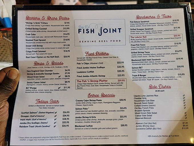 The menu reads like a love letter to the ocean, featuring everything from fried platters to grilled specialties and "Father Bowgles" for the pasta enthusiasts.