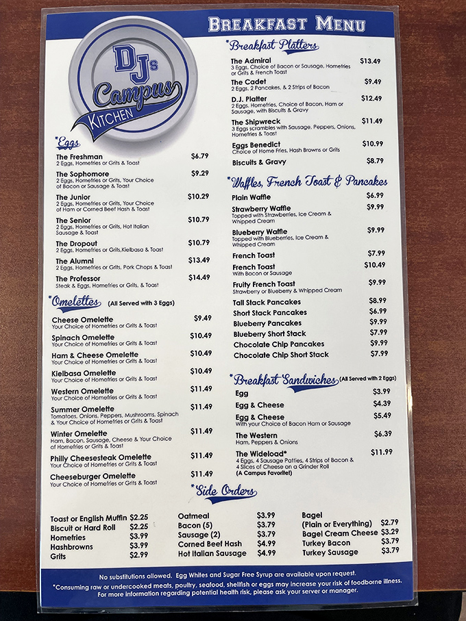 A menu that reads like a college course catalog for breakfast majors&mdash;from "The Freshman" to "The Professor," everyone graduates with honors.