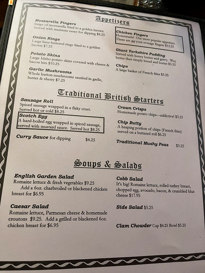The menu reads like a love letter to British comfort food. Scotch eggs, mushy peas, and Yorkshire pudding&mdash;no passport required for this culinary journey.