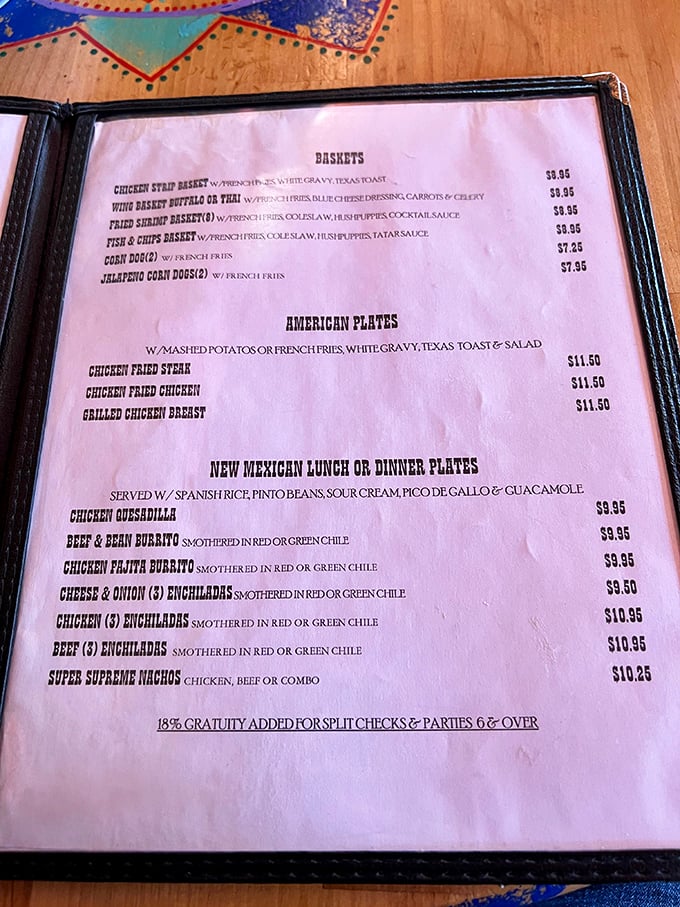 The menu reads like a love letter to comfort food classics, with both American favorites and New Mexican specialties competing for your attention.