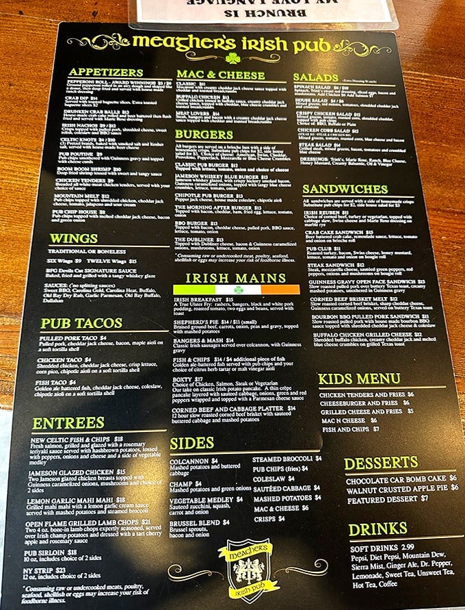 A menu that reads like a love letter to Irish cuisine. The real challenge isn't deciding what to order&mdash;it's pronouncing it correctly.