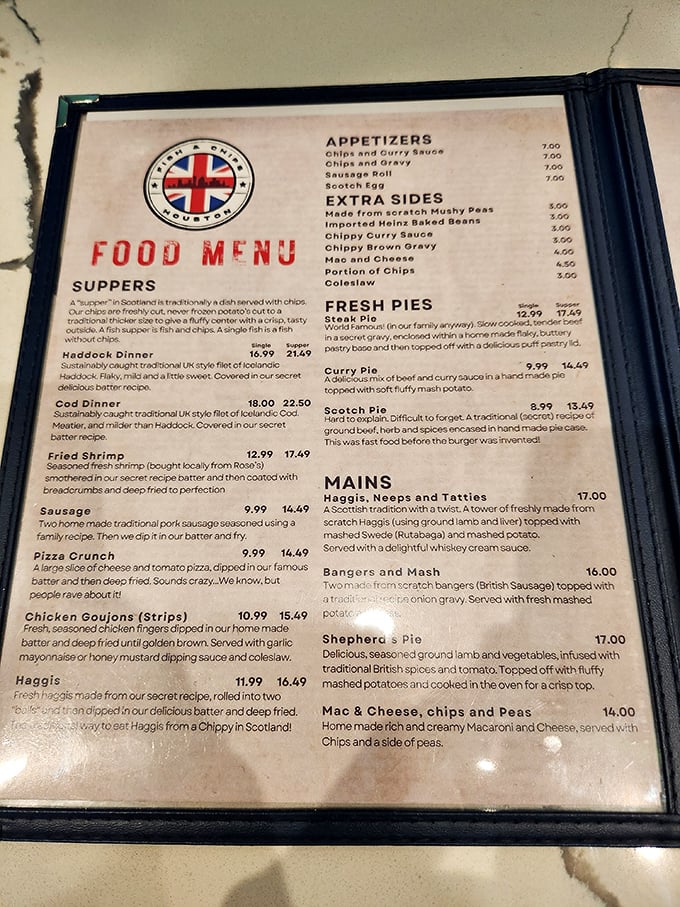 This menu isn't just food—it's a passport to Britain. From haggis to shepherd's pie, each dish promises a delicious journey across the pond.