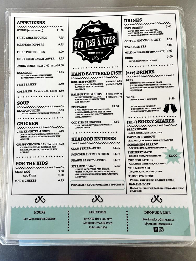 A menu that cuts right to the chase&mdash;hand-battered fish, coastal classics, and boozy shakes that'll make you contemplate moving to Lincoln City permanently.
