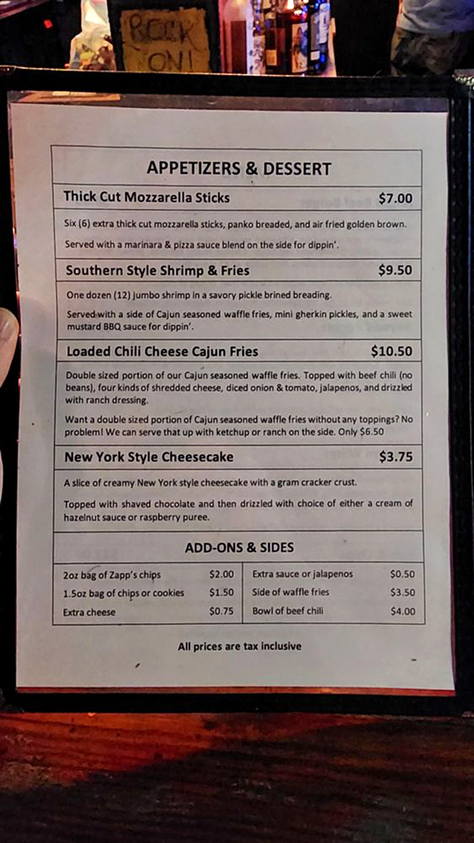This menu doesn't just list food&mdash;it promises happiness. Those Southern Style Shrimp & Fries with pickle-brined breading? That's not a meal, that's a revelation.