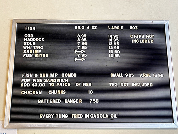Simplicity is the ultimate sophistication. This straightforward menu board offers the essentials: cod, haddock, sole, and whiting&mdash;all fried to golden perfection in canola oil.