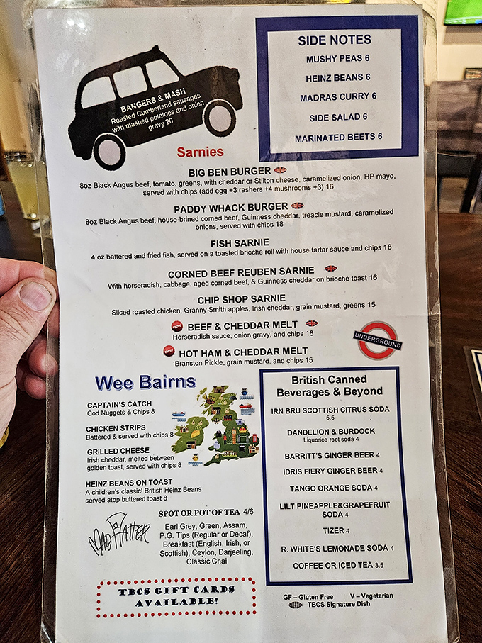 The menu reads like a love letter to British comfort food. "Sarnies" and "Wee Bairns" &ndash; even ordering becomes a cultural experience!