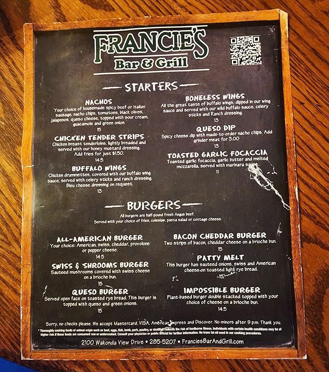 A menu that doesn't need fancy fonts or pretentious descriptions&mdash;just honest food that makes decisions deliciously difficult. The burger section alone is a choose-your-own-adventure novel.