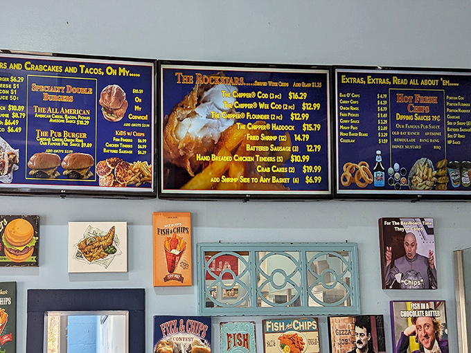 The menu board tells the delicious story - this isn't just fish and chips, it's an edible British invasion in Virginia.