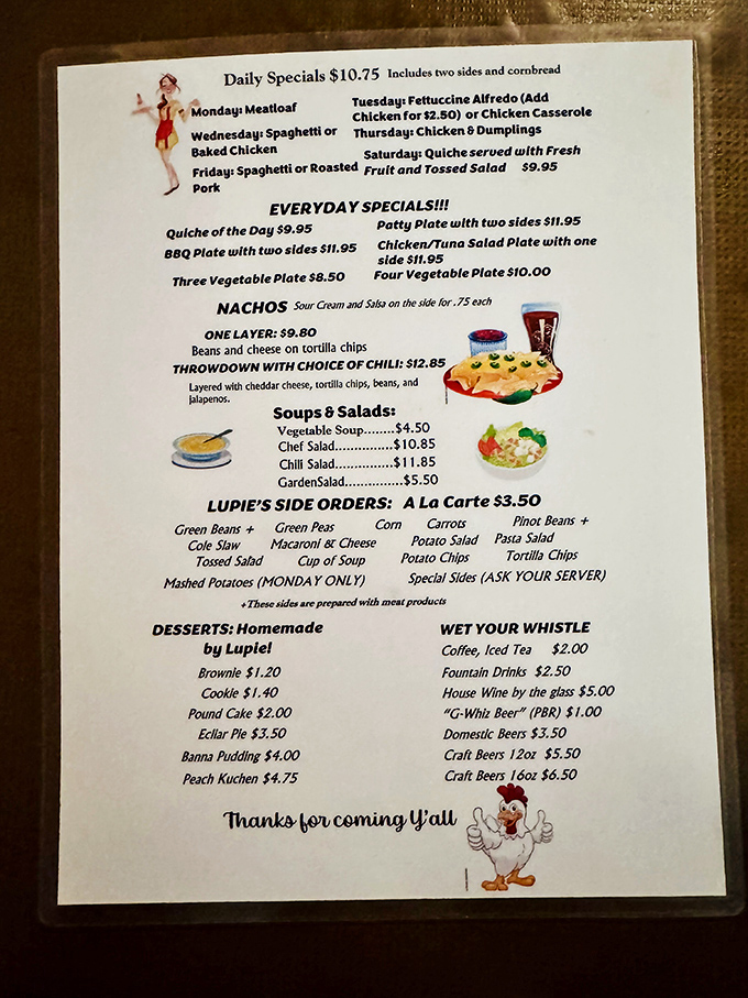 This menu isn't just a list of food&mdash;it's a roadmap to happiness. Monday's meatloaf special might be the best decision you'll make all week.