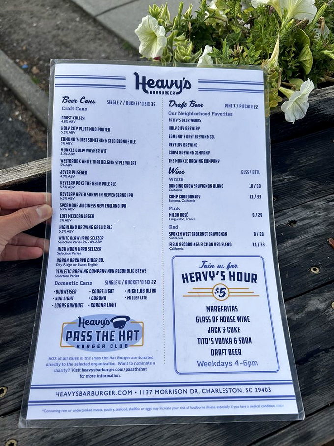 A menu that understands priorities: craft beer selection, happy hour deals, and a charitable "Pass the Hat" program all on one page.