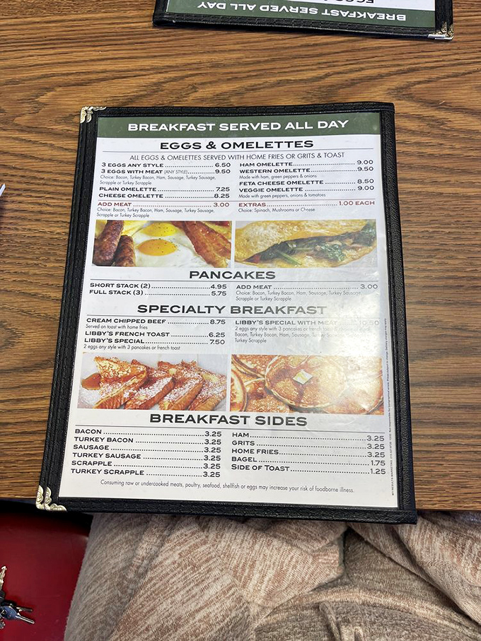 The menu reads like a love letter to breakfast classics. "BREAKFAST SERVED ALL DAY" might be the four most beautiful words in the English language.