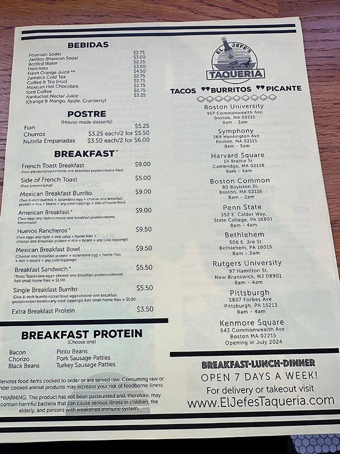 The menu reveals El Jefe's impressive range, from breakfast burritos to late-night nachos, with multiple locations serving hungry Bostonians until 2am.