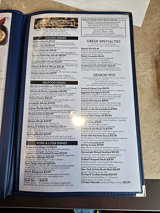A menu thicker than most novels offers everything from Greek specialties to the legendary meatloaf that locals drive miles to devour.