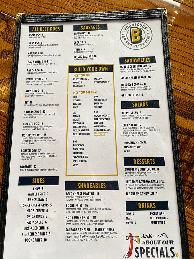 The menu reads like a love letter to creative comfort food, with hot dog creations that range from nostalgic classics to adventurous flavor bombs.