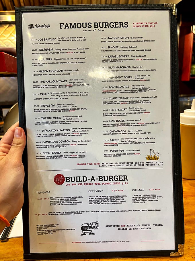 The menu reads like a political roast with burgers named after public figures. Each creation comes with its own satirical twist&mdash;democracy you can actually sink your teeth into.
