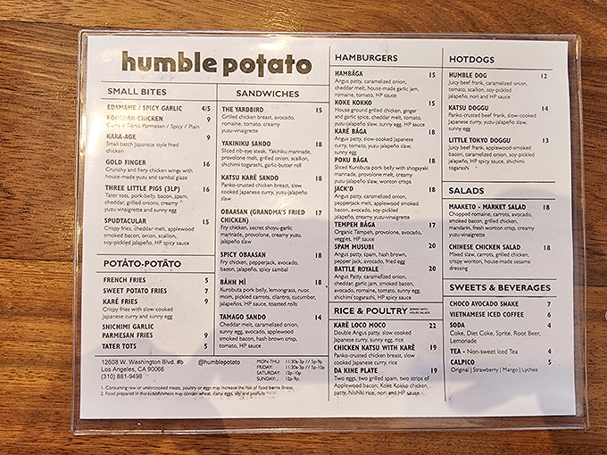 This menu isn't just a list&mdash;it's a roadmap to happiness. Each section promises Japanese-American fusion that'll make you question why this combination isn't everywhere.