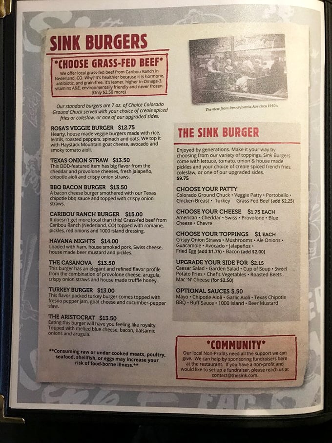 A menu that reads like a love letter to burger aficionados. The Caribou Ranch Burger alone is worth the pilgrimage to Boulder.
