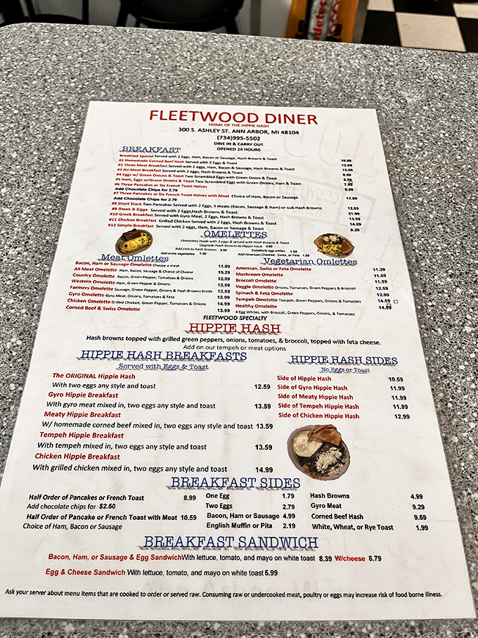 The legendary Hippie Hash dominates the menu like a rockstar headliner. No fancy fonts needed when the food speaks this loudly.