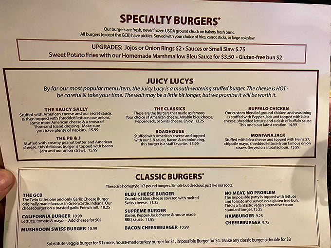 The menu reads like a love letter to cheese-stuffed perfection. Warning: choosing just one Juicy Lucy variant might be the hardest decision of your day.