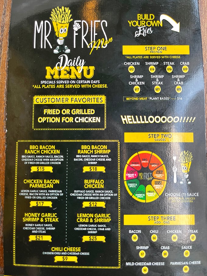 The menu board presents a choose-your-own-adventure of fry possibilities. Decision paralysis has never been so delicious.