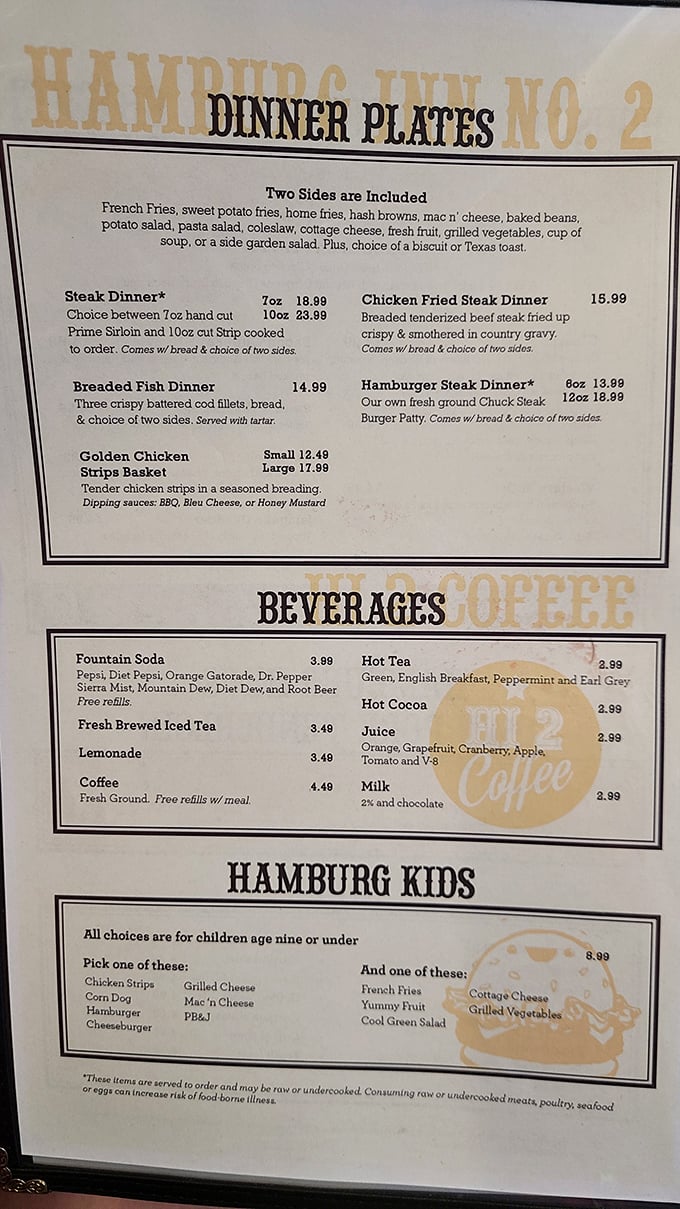 A menu that doesn't need fancy fonts or flowery descriptions. When your food speaks this loudly, all you need is plain text and the promise of two sides with dinner.