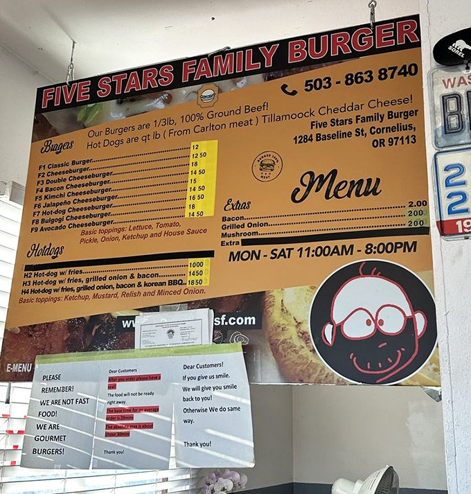 The menu board speaks the universal language of burger lovers: straightforward options, quality ingredients, and a refreshing honesty about being "gourmet, not fast."