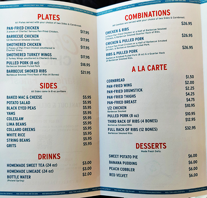 This menu isn't just a list of options; it's a roadmap to happiness with detours through mac & cheese, collard greens, and sweet potato bliss.