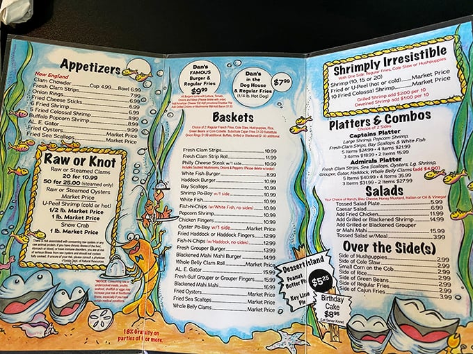 This colorfully illustrated menu isn't just a food list&mdash;it's a treasure map to seafood nirvana, complete with cartoon sea creatures that haven't yet realized their relatives are on your plate.