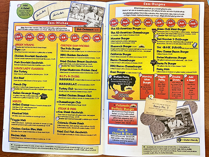 Sam's menu isn't just extensive—it's practically a novel with a delicious plot twist on every page. Choose your own culinary adventure!