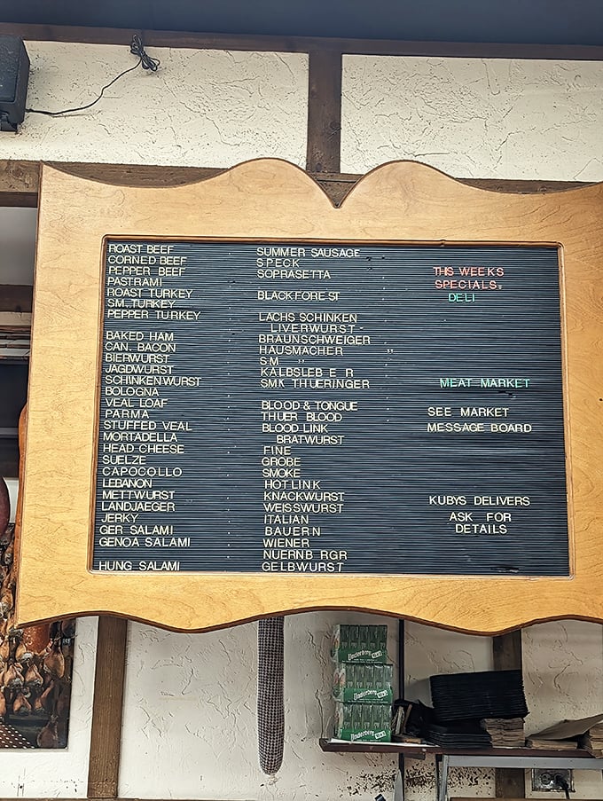 This menu board is a linguistic adventure &ndash; where else can you find words like "Braunschweiger" and "Knackwurst" displayed with such pride?