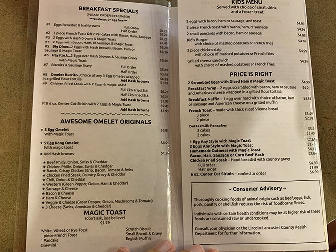 This menu isn't offering a "deconstructed breakfast experience"&mdash;just honest food with straightforward names like "Awesome Omelet Originals" that deliver exactly what they promise.