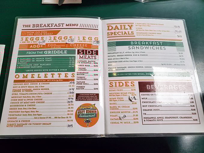 The menu reads like a love letter to breakfast classics. Each omelet option promises a different path to morning bliss.