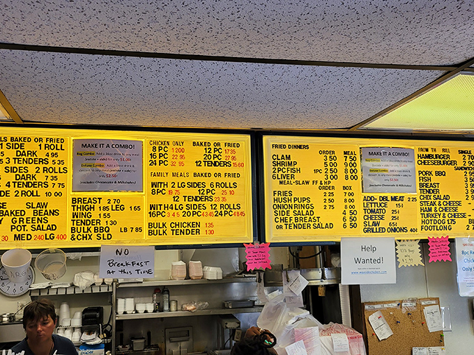 Hungry for a classic meal? Scan the yellow menu boards for fried chicken, seafood dinners, or family-style platters and sides.