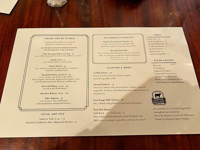 A menu that reads like poetry to meat lovers, with each carefully described cut promising a journey into beef nirvana.