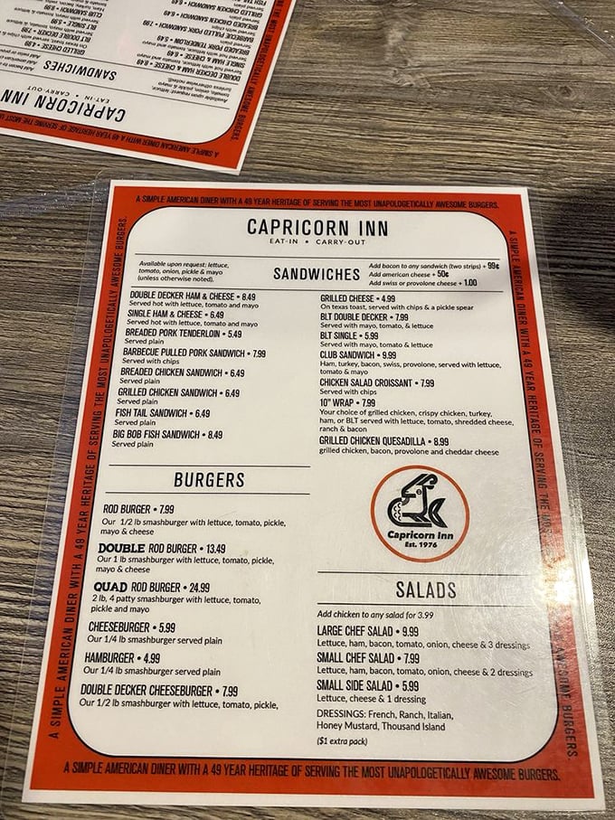 This menu isn't trying to impress with fancy terminology—it's a straightforward declaration of American diner classics done right.