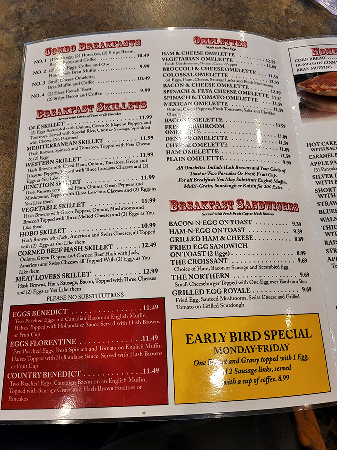 The breakfast skillet section of the menu reads like a love letter to morning hunger. Six eggs in the Colossal Omelet? That's not breakfast&mdash;that's commitment.