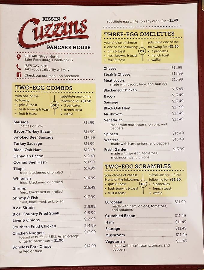 The menu at Kissin' Cuzzins reads like a love letter to breakfast enthusiasts – decisions, decisions!