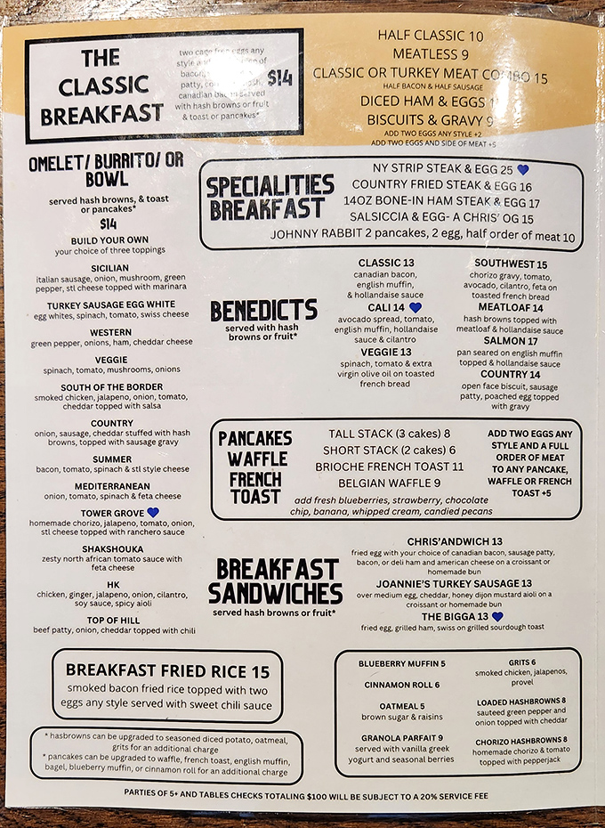 A menu that doesn't need fancy fonts or flowery descriptions—just honest breakfast offerings that have stood the test of time. The "Tower Grove" omelet is calling my name.