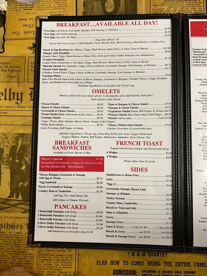 This menu isn't just a list of food&mdash;it's a cultural document where livermush gets equal billing with pancakes and omelets.