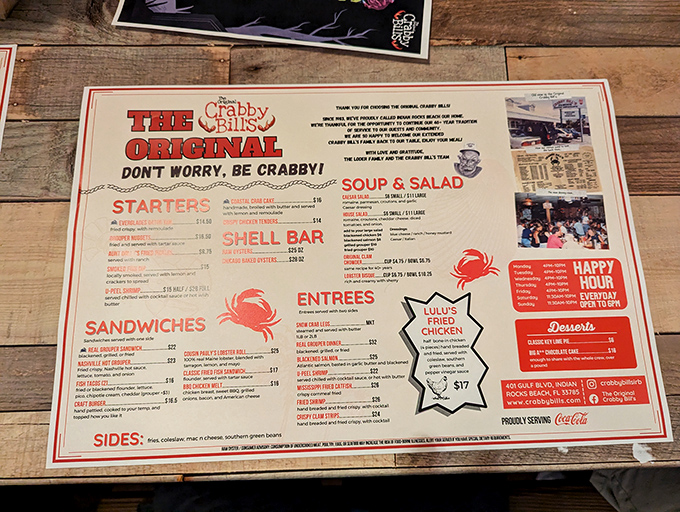 The menu at Crabby Bill's reads like a love letter to seafood enthusiasts, with their motto "Don't Worry, Be Crabby" setting the perfect tone.